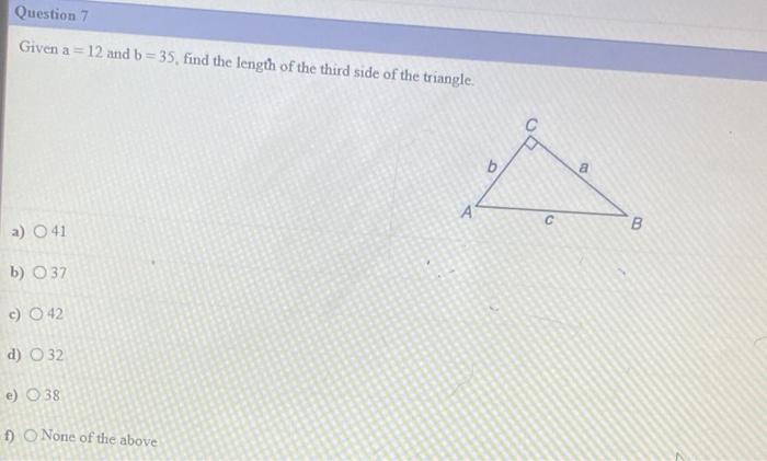 Solved Given a=12 and b=35, find the length of the third | Chegg.com