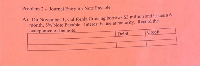 Solved Problem 2 - Journal Entry for Note Payable A) On | Chegg.com