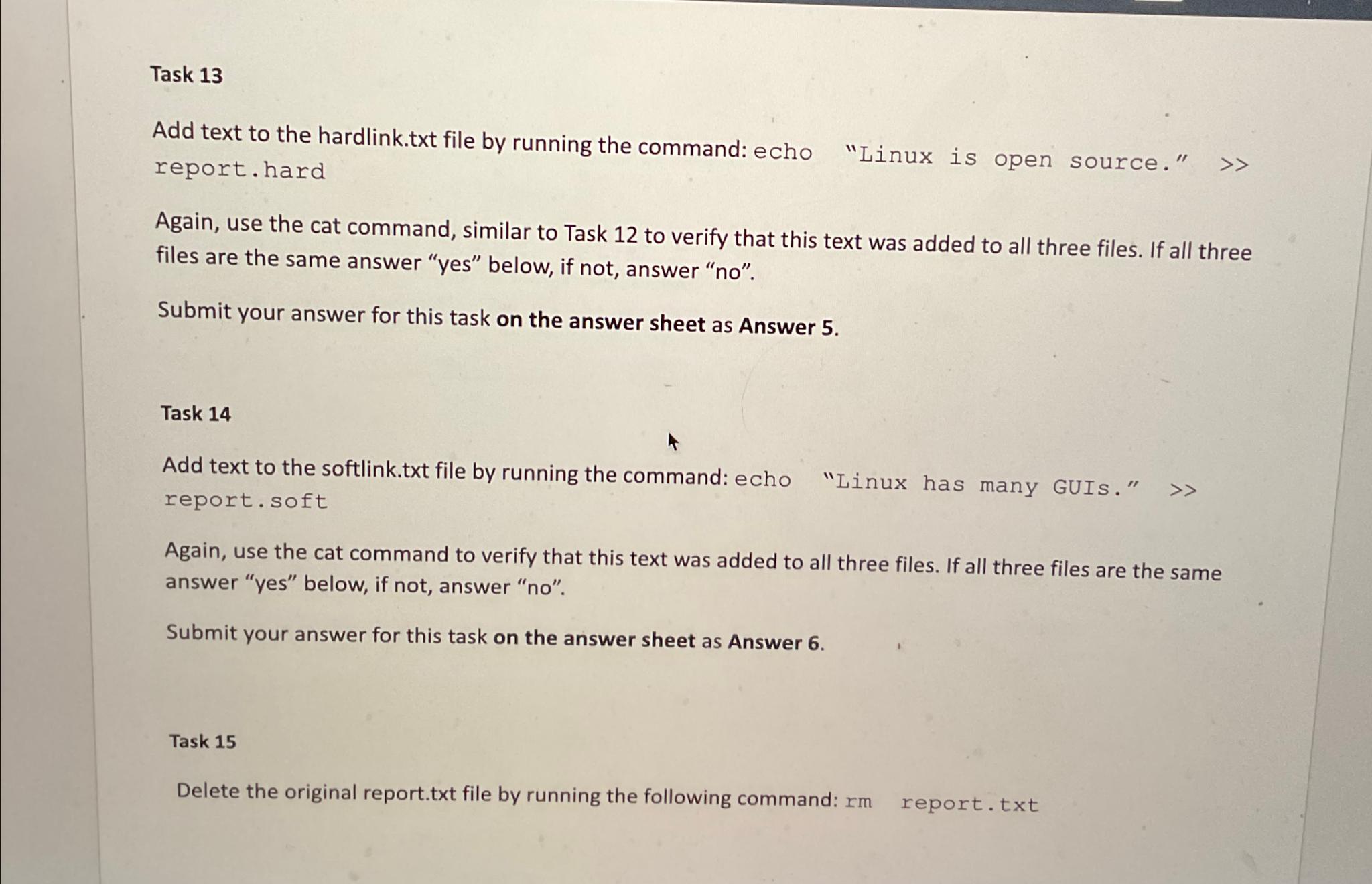 Solved Task 13Add text to the hardlink.txt file by running | Chegg.com