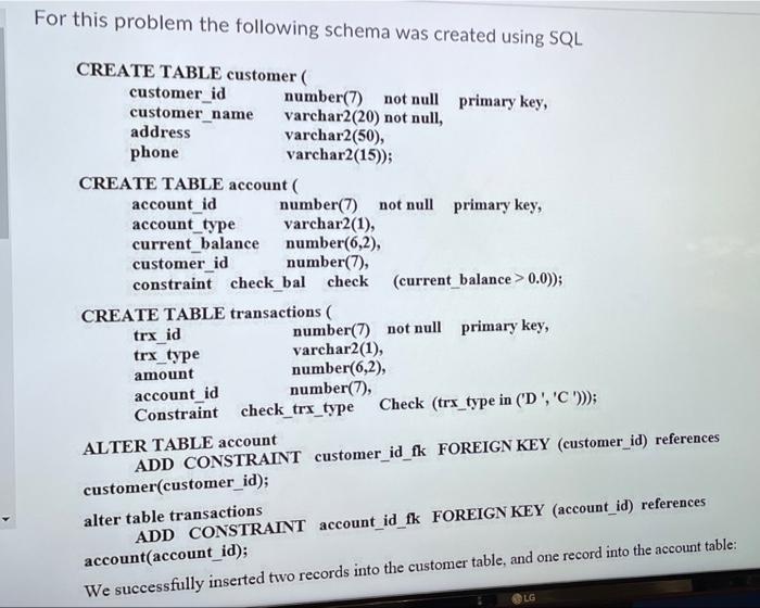 Solved For this problem the following schema was created | Chegg.com