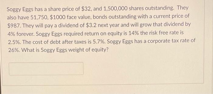Solved Soggy Eggs has a share price of $32, and 1,500,000 | Chegg.com