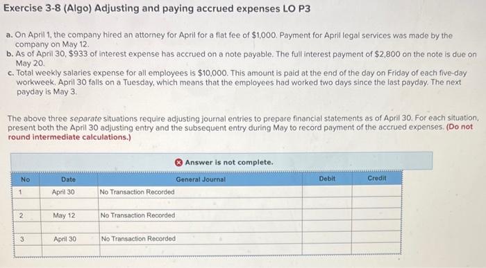 Solved Exercise 3−8 (Algo) Adjusting and paying accrued | Chegg.com