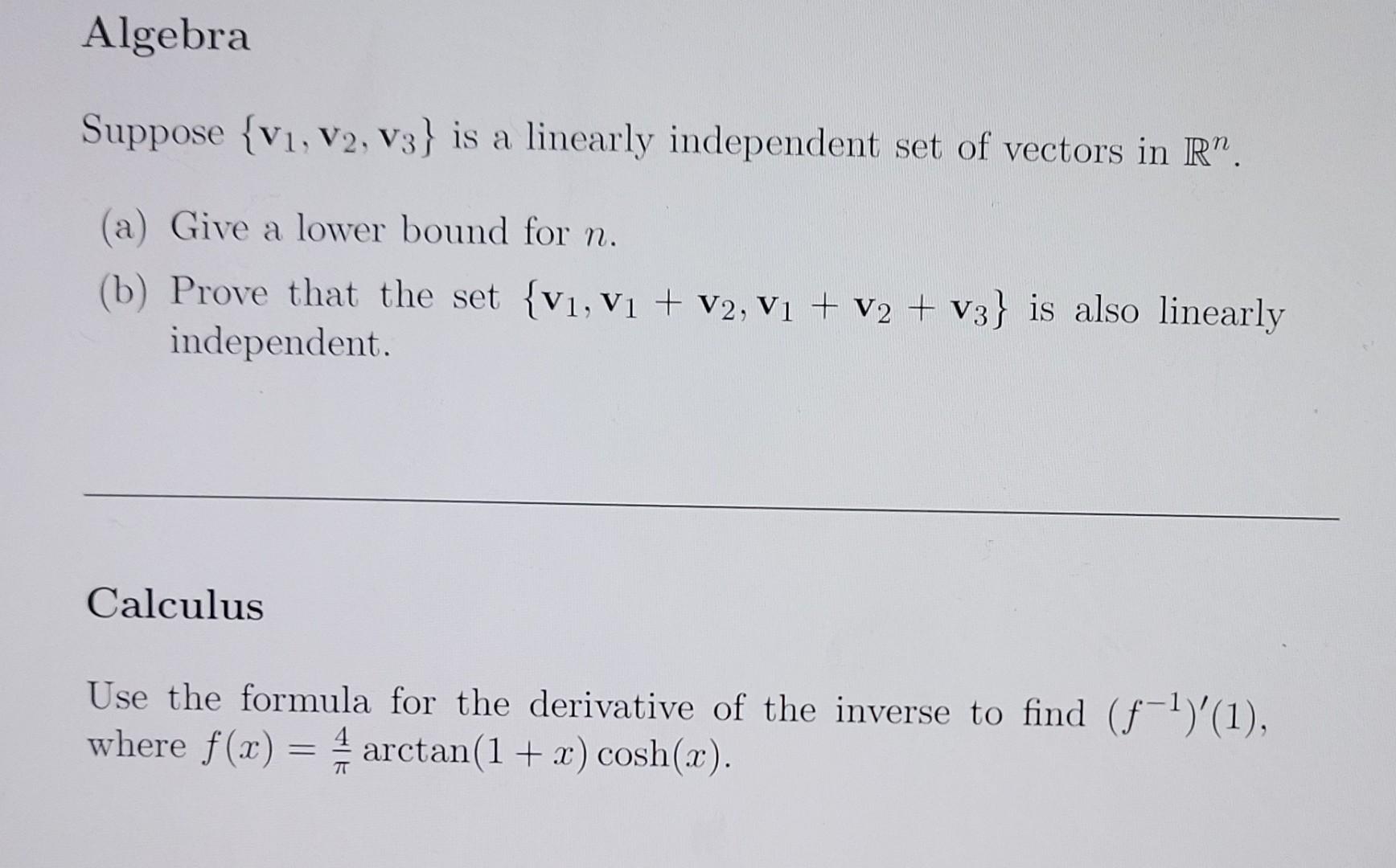 Solved Algebra Suppose {V1, V2, V3} is a linearly | Chegg.com