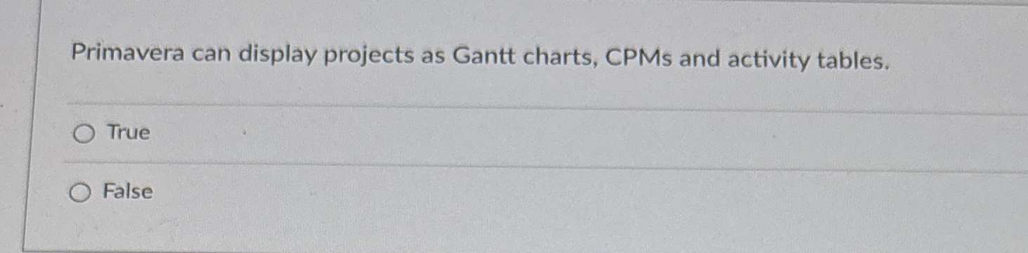 Solved Primavera can display projects as Gantt charts, CPMs | Chegg.com