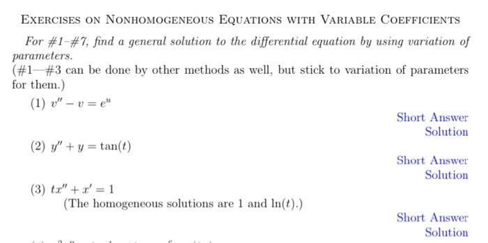 Solved Exercises on Nonhomogeneous Equations with Variable | Chegg.com