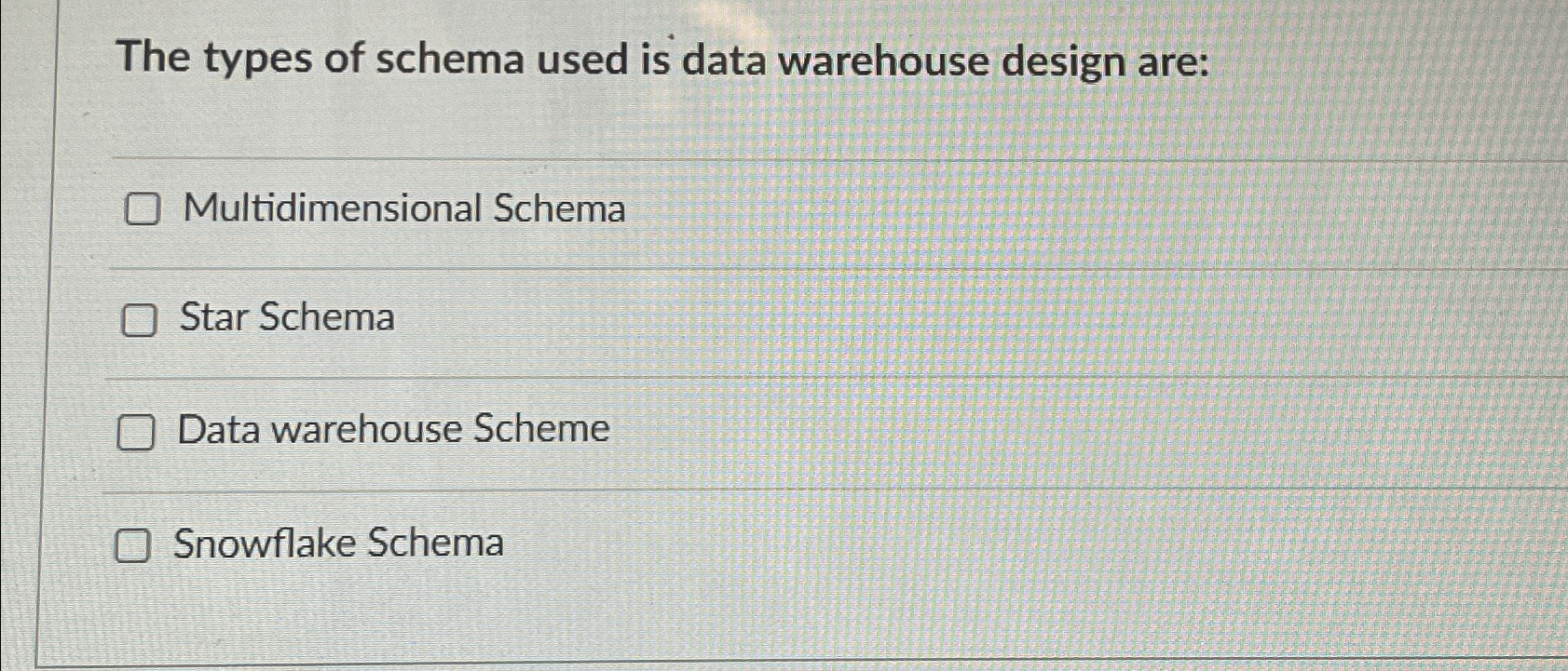 Solved The types of schema used is data warehouse design | Chegg.com