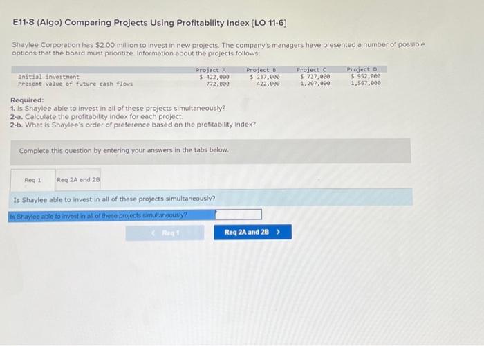 Solved E11-8 (Algo) Comparing Projects Using Profitability | Chegg.com