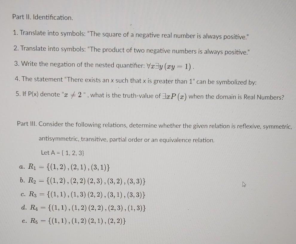 Solved Part II. Identification. 1. Translate into symbols: | Chegg.com