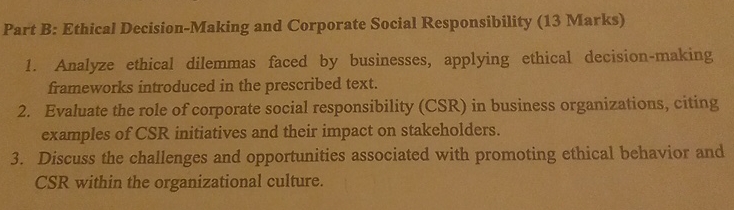 Solved Part B: Ethical Decision-Making and Corporate Social | Chegg.com