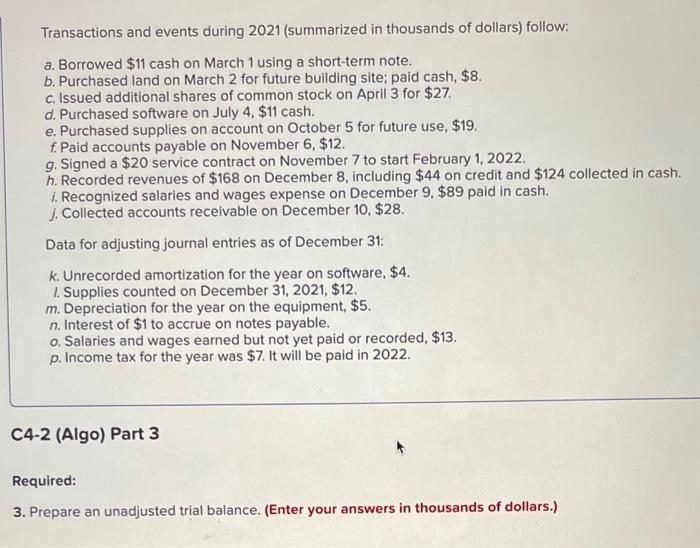Solved Transactions and events during 2021 (summarized in | Chegg.com