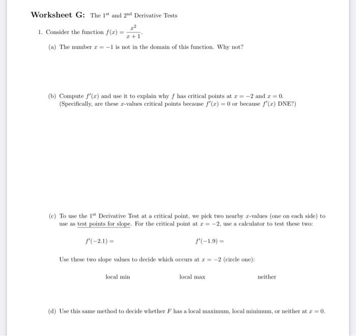Solved Worksheet G: The 1st and 2nd Derivative Tests 1. | Chegg.com