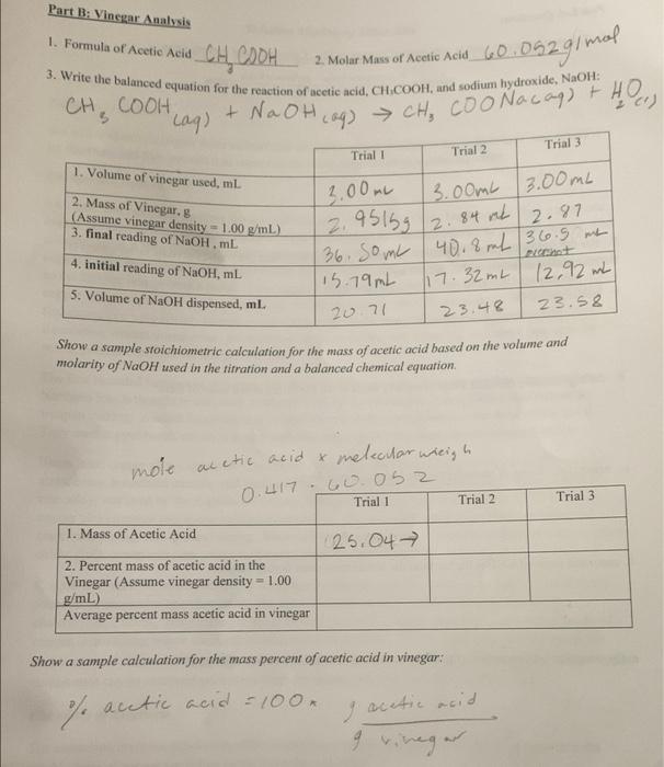 Part B: Vinegar Analysis 1. Formula of Acetic Acid | Chegg.com