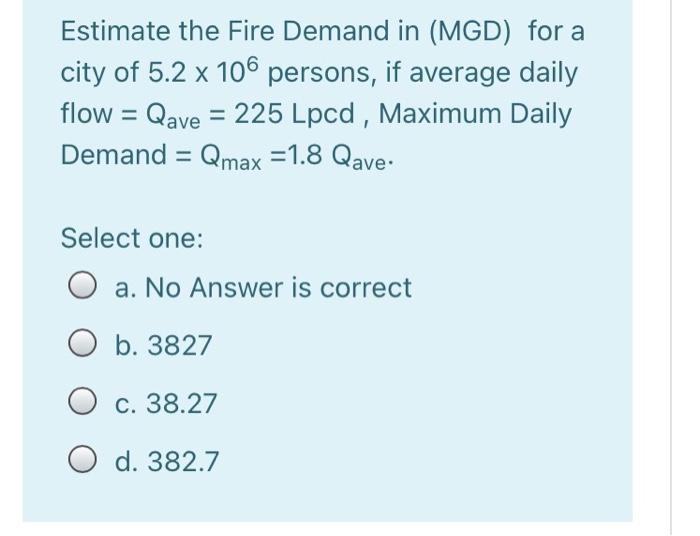 Solved Estimate the Fire Demand in (MGD) for a city of 5.2 x | Chegg.com