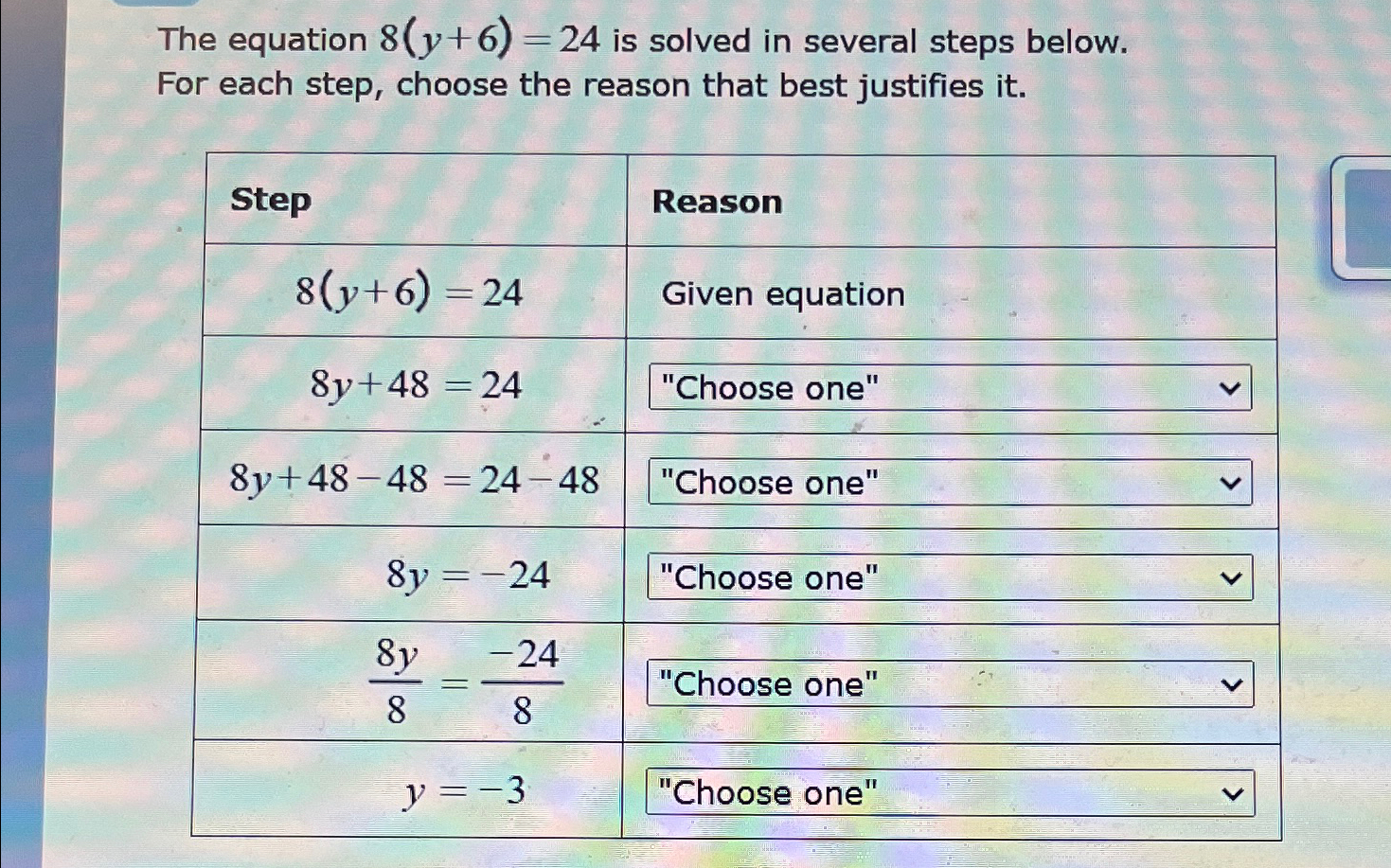 Solved The equation 8(y+6)=24 ﻿is solved in several steps | Chegg.com