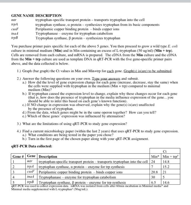 Solved GENE NAME DESCRIPTION mtr tryptophan-specific | Chegg.com