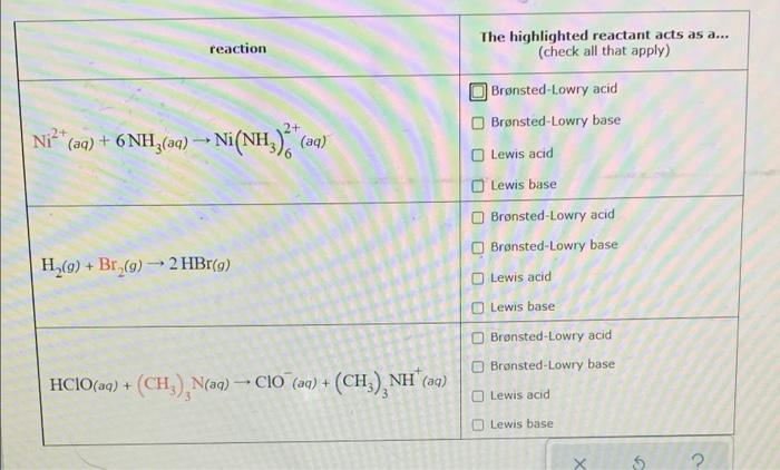 Solved reaction The highlighted reactant acts as a... (check | Chegg.com