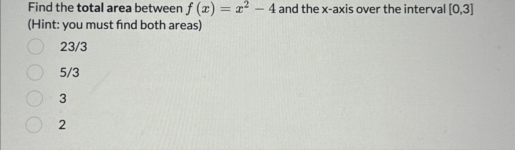 Solved Find the total area between f(x)=x2-4 ﻿and the x-axis | Chegg.com