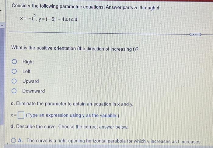 Solved Consider The Following Parametric Equations Answer
