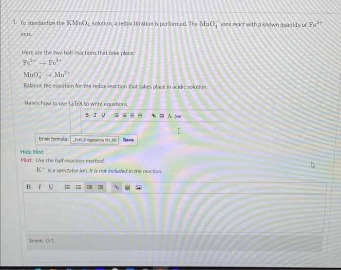 Solved To standardize the KMnO4 solution, a redox titration | Chegg.com