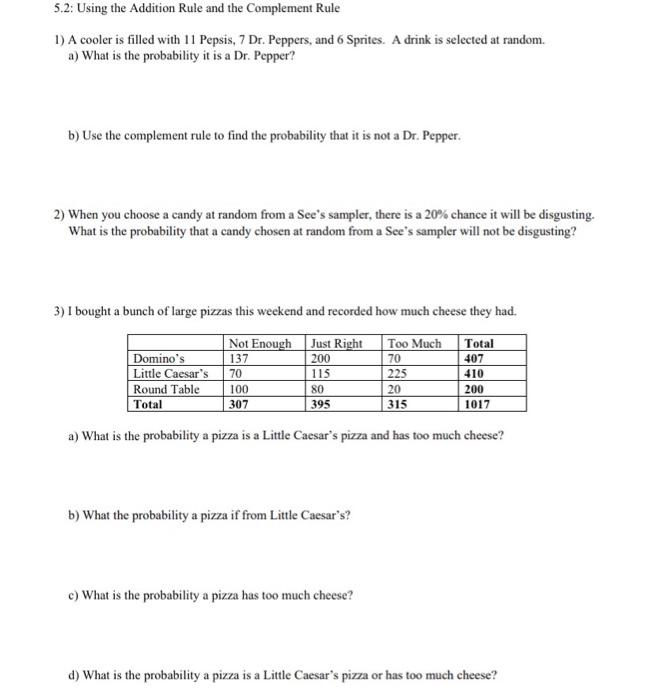 Solved 5.2: Using the Addition Rule and the Complement Rule | Chegg.com