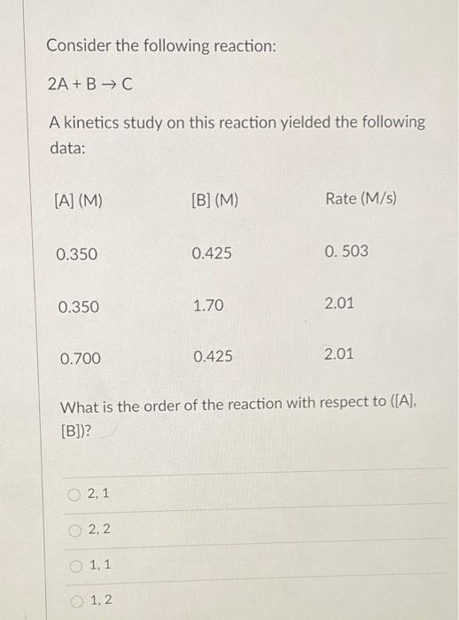 Solved Consider the following reaction: 2A+B → C A kinetics | Chegg.com