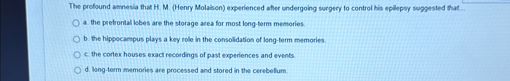 Solved The profound amnesia that H. ﻿M. (Henry Molaison) | Chegg.com