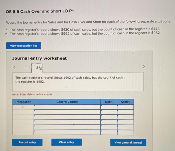 Solved QS 6-5 Cash Over and Short LO P1 Record the journal | Chegg.com