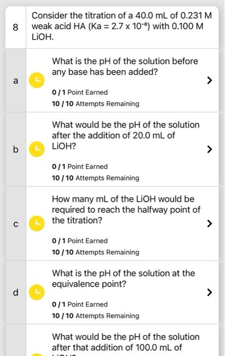 Solved Consider the titration of a 40.0 mL of 0.231M 8 weak | Chegg.com
