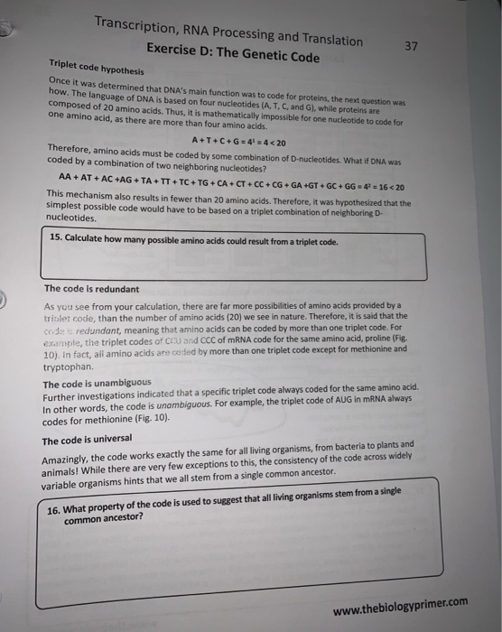 Solved Transcription, RNA Processing and Translation 37 | Chegg.com