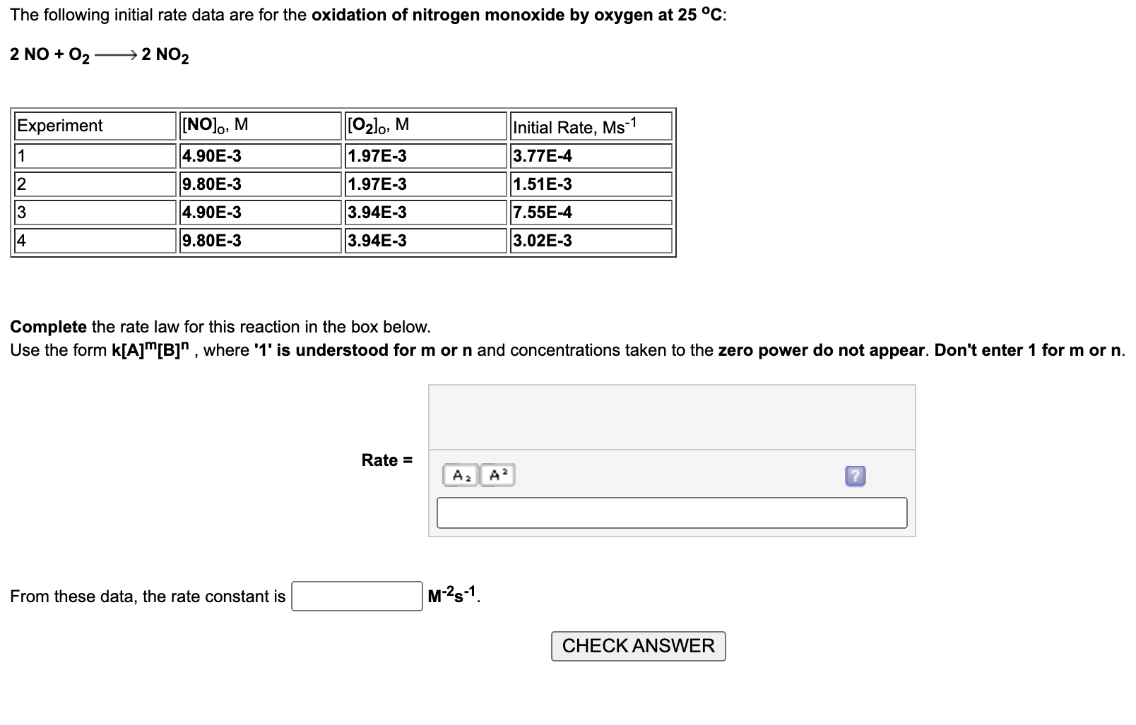 Solved The following initial rate data are for the oxidation | Chegg.com