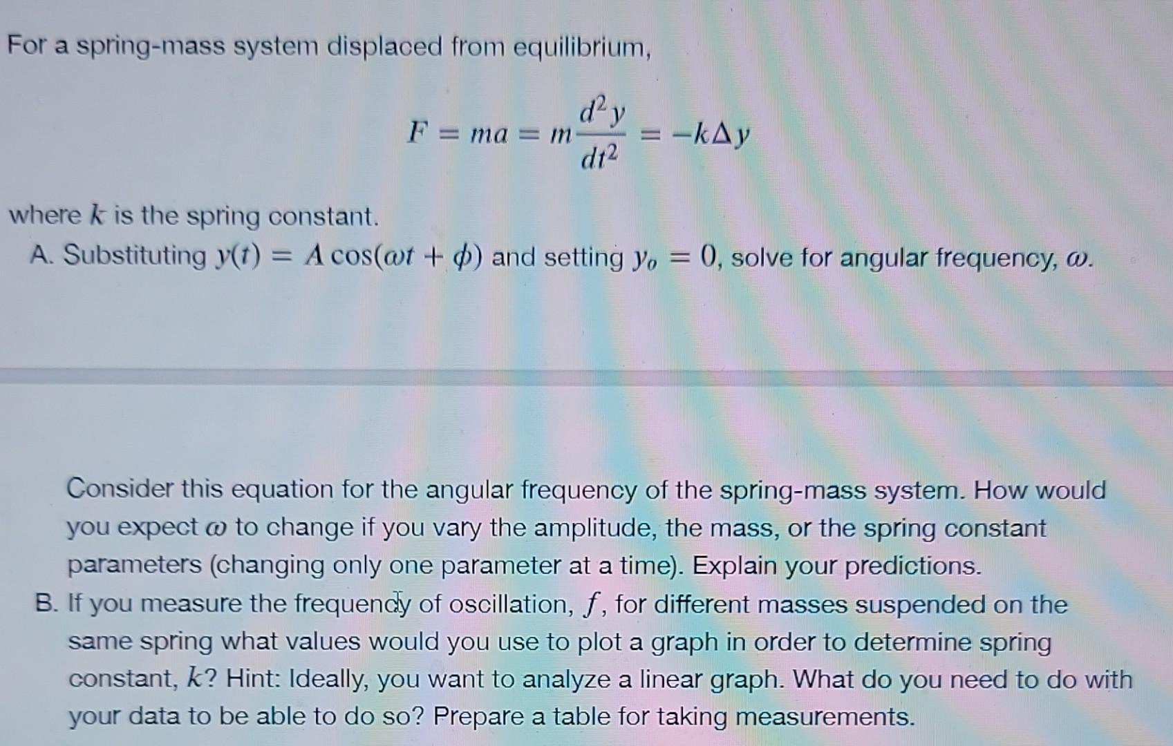 Solved For a spring-mass system displaced from equilibrium, | Chegg.com