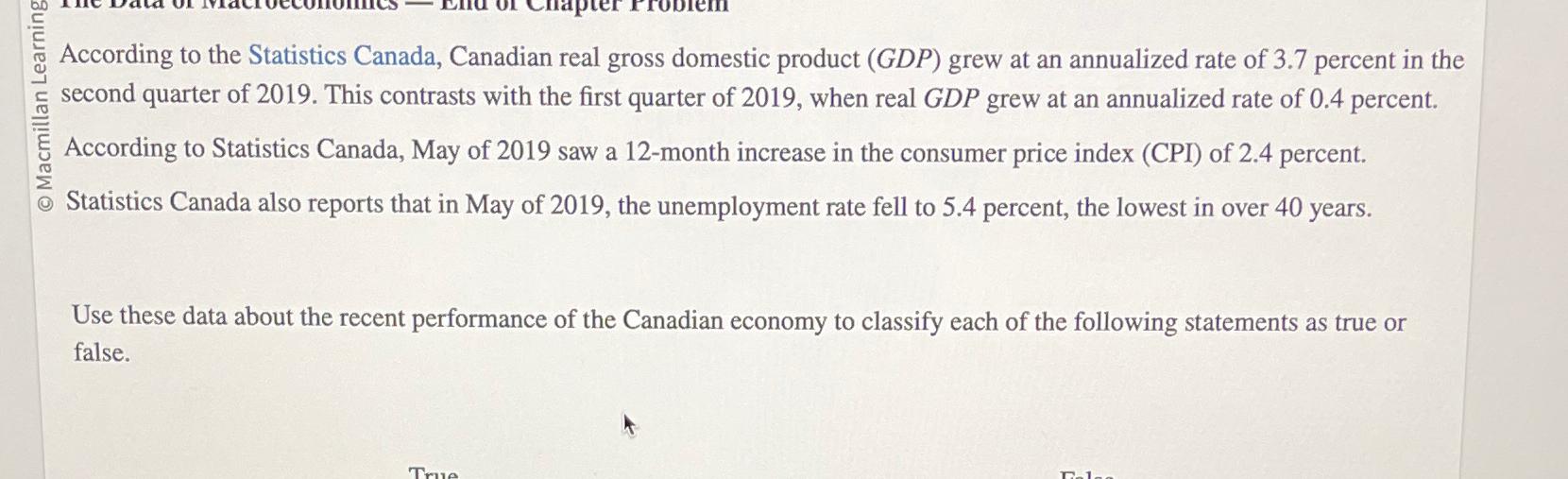 Solved According to the Statistics Canada, Canadian real | Chegg.com