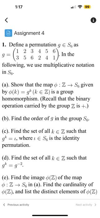 Solved 1. Define a permutation g∈S6 as g=(132536425461). In | Chegg.com