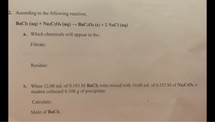 Solved 2. According to the following reaction, BaCl2 (aq) + | Chegg.com