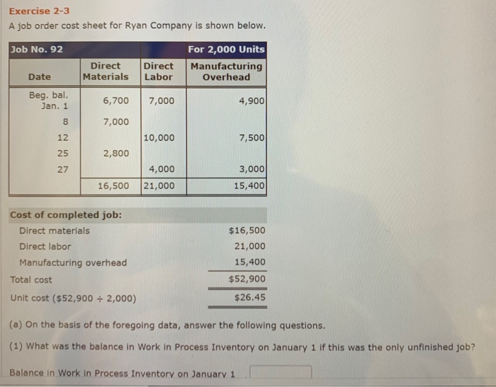 Solved Exercise 2-3 A job order cost sheet for Ryan Company | Chegg.com