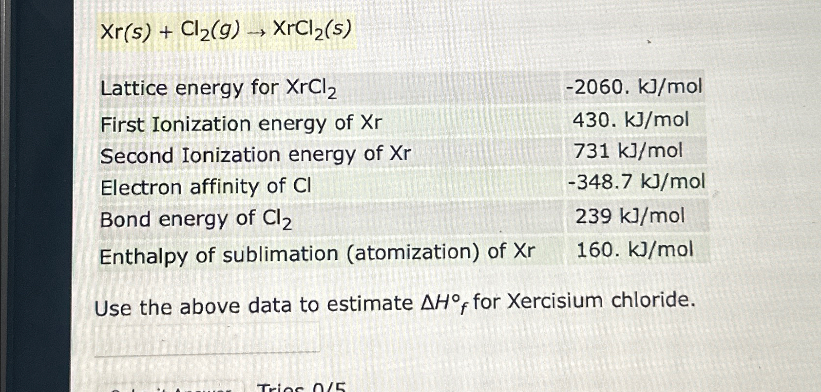 Solved xr(s)+Cl2(g)→xrCl2(s)\table[[Lattice energy for | Chegg.com