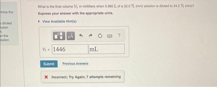 Solved What is the final volume V2 in milliliters when 0.960 | Chegg.com