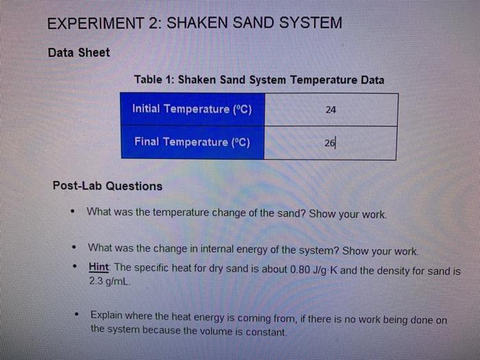 Solved EXPERIMENT 2: SHAKEN SAND SYSTEM Data Sheet Table 1: | Chegg.com