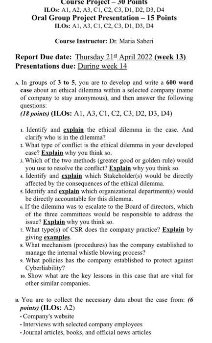Course Project - 30 Points ILOs: A1, A2, A3, C1, C2, | Chegg.com