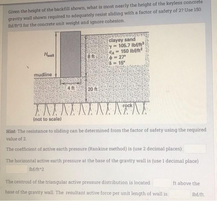 Solved Given the height of the backfill shown, what is most | Chegg.com