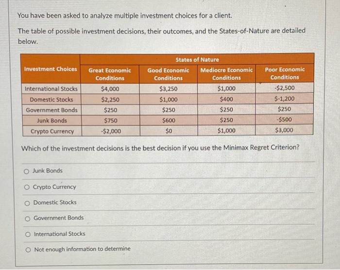 Solved You have been asked to analyze multiple investment | Chegg.com