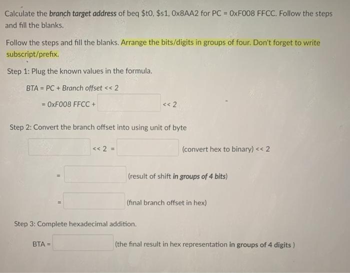 Solved Calculate the branch target address of beg $to. $51, | Chegg.com