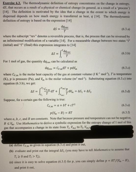 Solved Exercise 6.3. The thermodynamic definition of entropy | Chegg.com