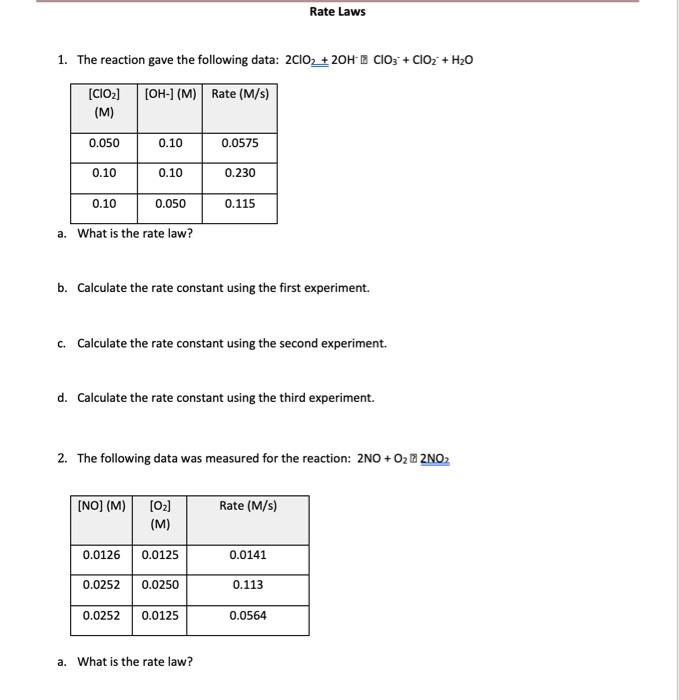 Solved Rate Laws 1. The reaction gave the following data: | Chegg.com