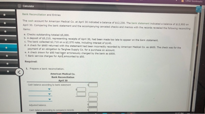 Solved Uther bookmarks Calculator Bank Reconciliation and | Chegg.com