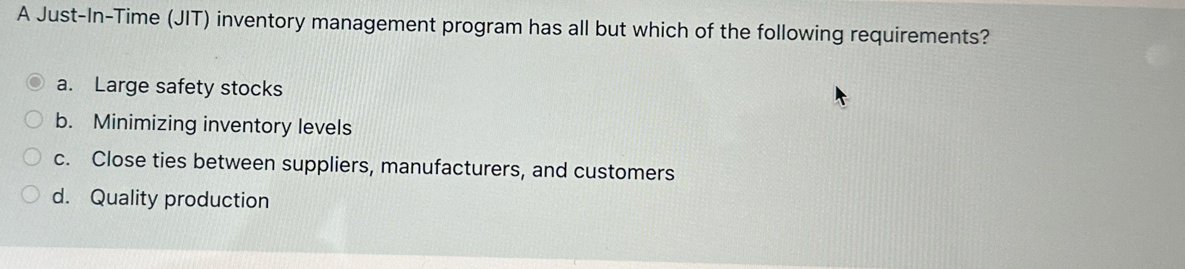 Solved A Just-In-Time (JIT) ﻿inventory management program | Chegg.com