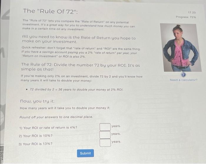 Solved The "Rule Of 72": 17 23 Progress: 75% The Rule of 72" | Chegg.com