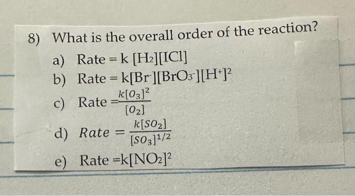 8) What is the overall order of the reaction? a) Rate | Chegg.com