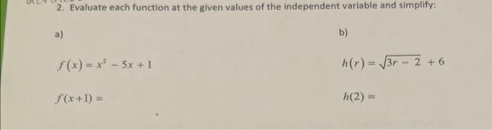 Solved 2. Evaluate each function at the given values of the | Chegg.com