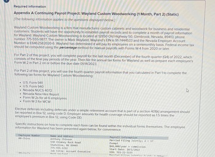 Required information Appendix A Continuing Payroll | Chegg.com